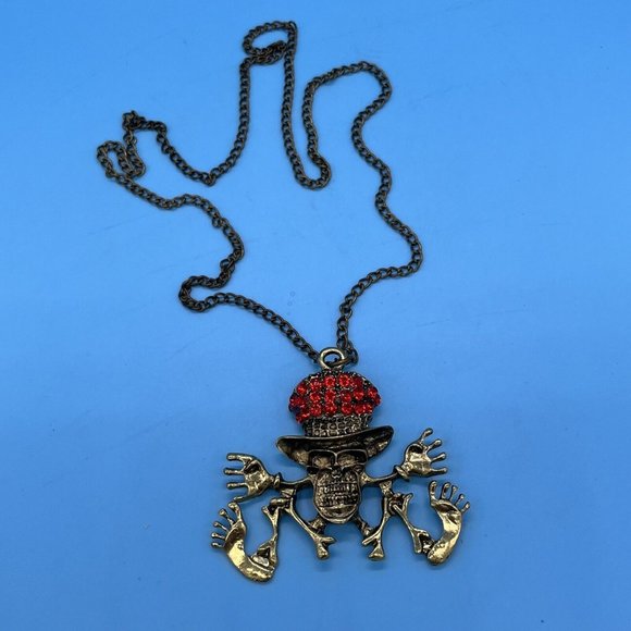 Jewelry | Skeleton Necklace Steampunk Red Rhinestones Hat Gold Tone ...